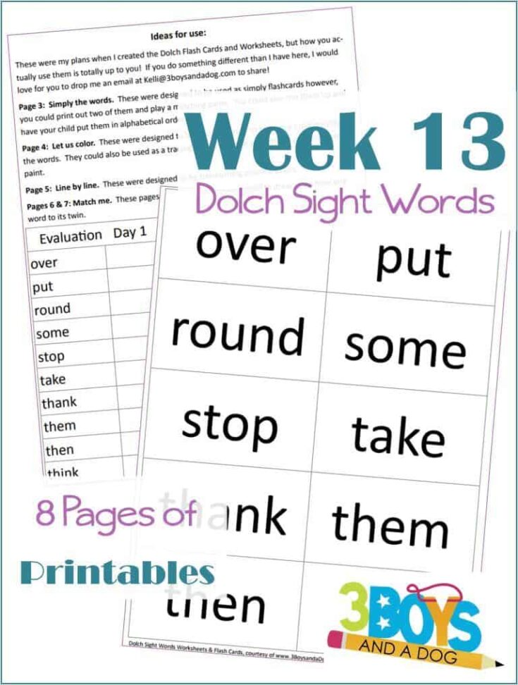 Dolch Sight Words Worksheets: Week Thirteen - 3 Boys and a Dog