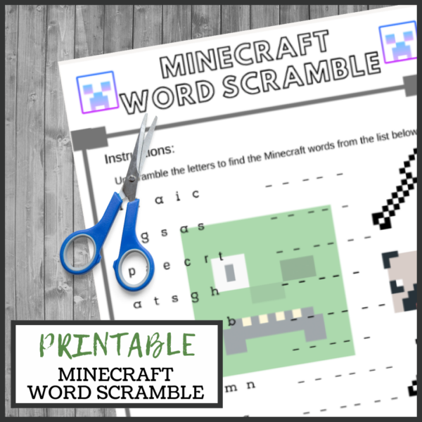 Minecraft Word Scramble Printable for Kids - 3 Boys and a Dog