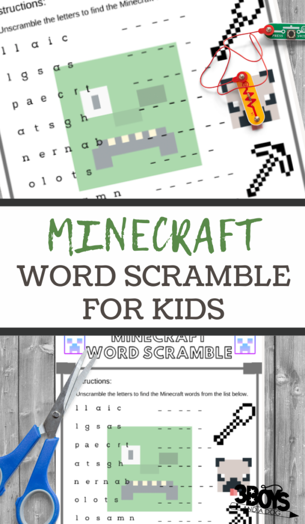 Minecraft Word Scramble Printable for Kids - 3 Boys and a Dog